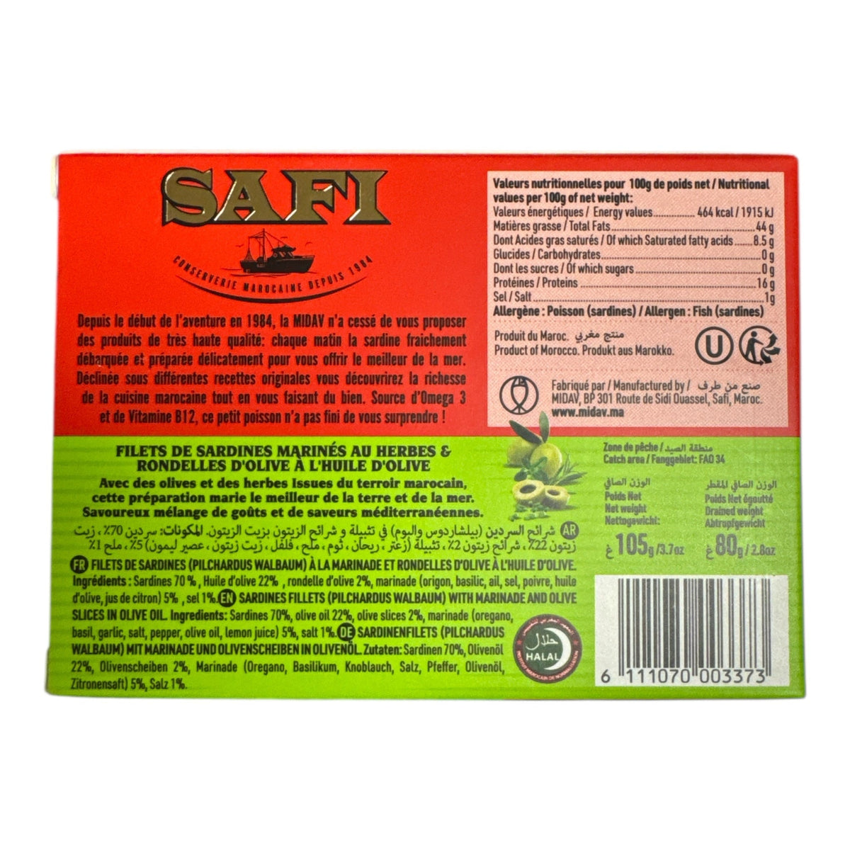 SAFI Sardine Fillets with Herbs & Olive Slices in Olive Oil 105g ...
